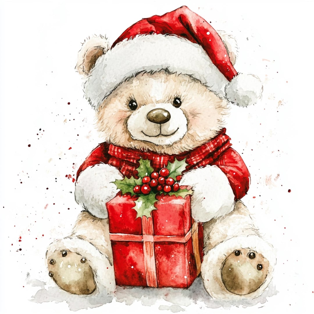 Printable Christmas Teddy Bear Toy Clipart, Watercolor Art, Printable ...