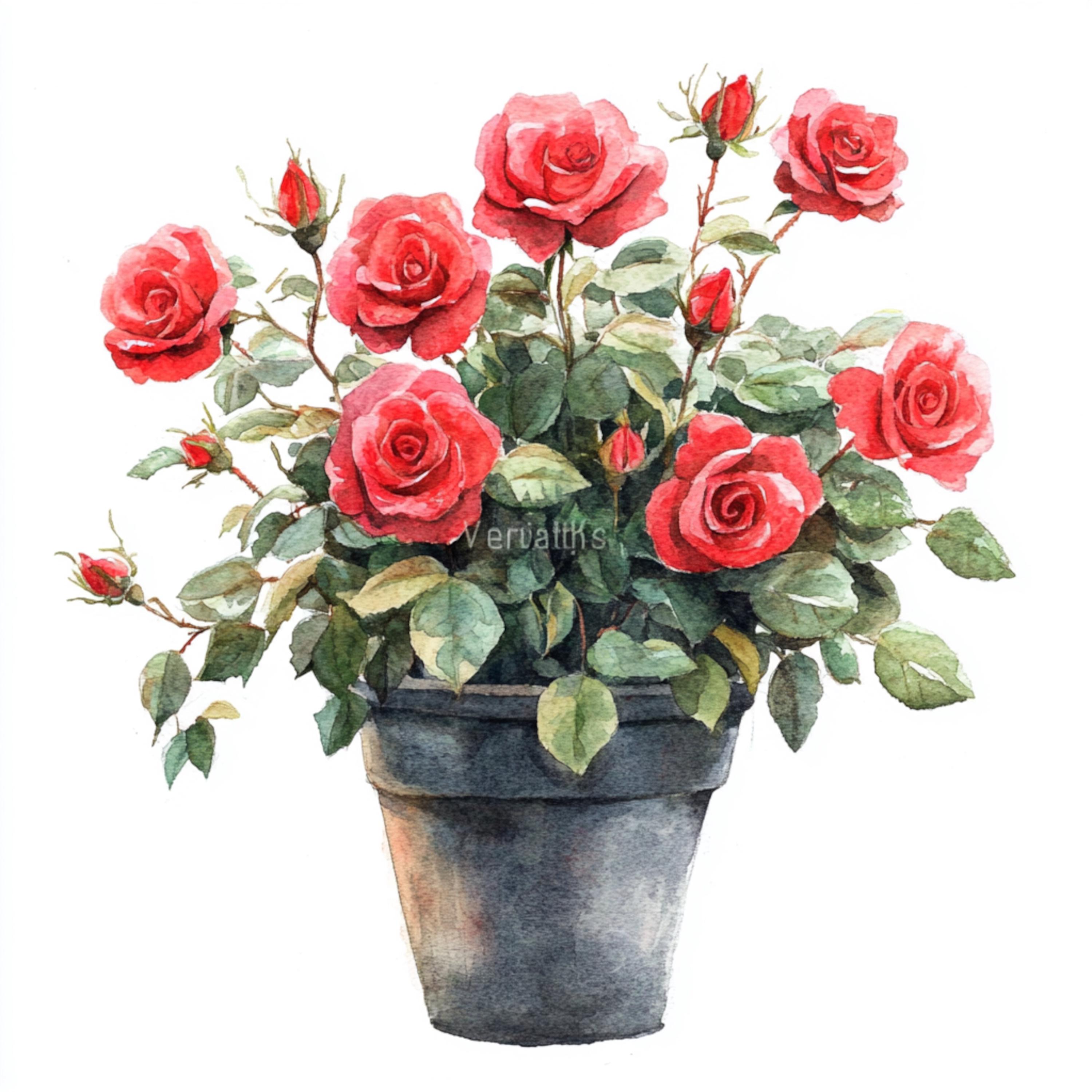 10 Printable Red Rose Arts, Watercolor Rose in Pot, Roses Bush ...