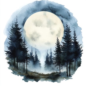 Forest With Moon, Watercolor Art, Forest Landscape Clipart, 10 Clip Art ...