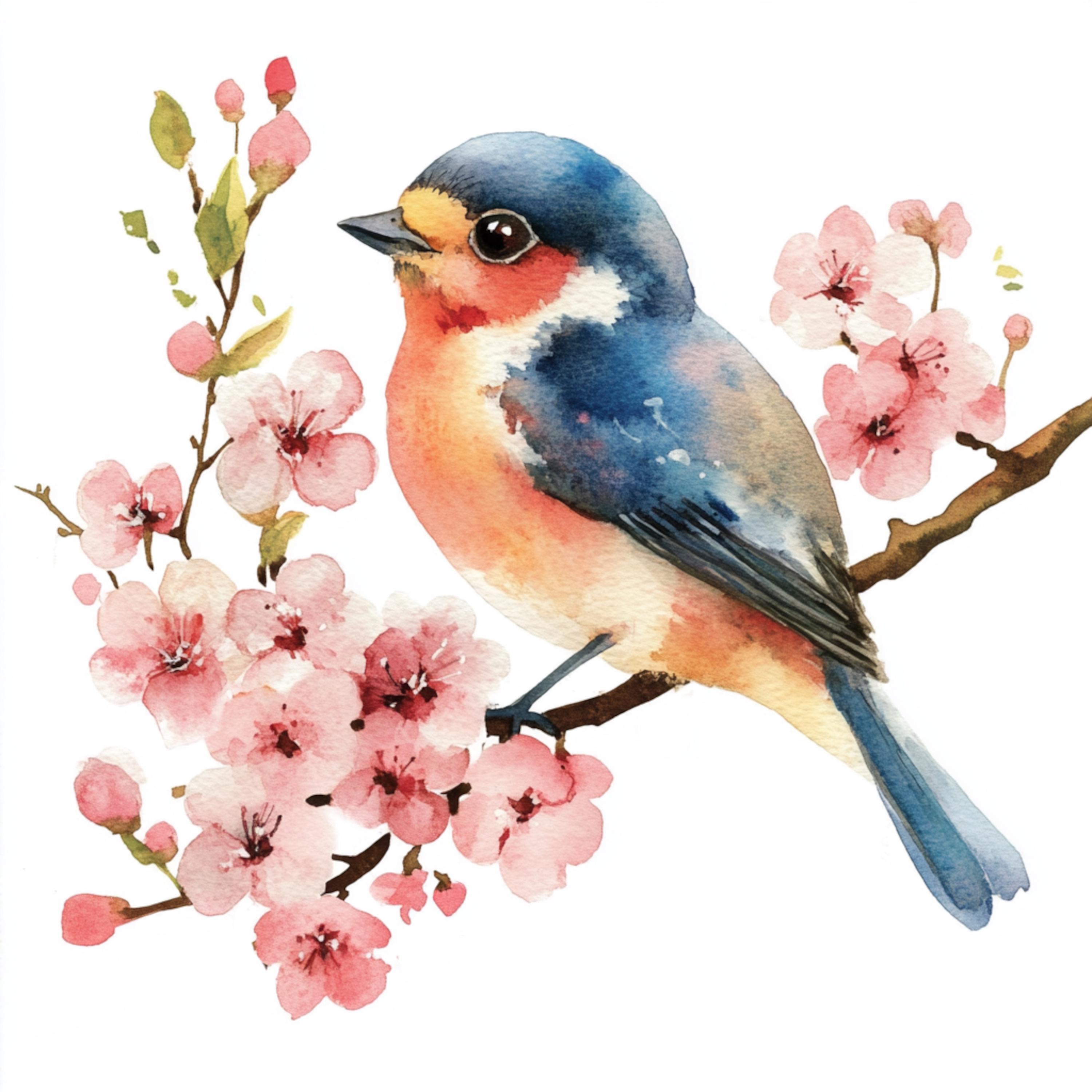 10 Printable Floral Birds, Watercolor Spring Birds, Bird on Blossom ...