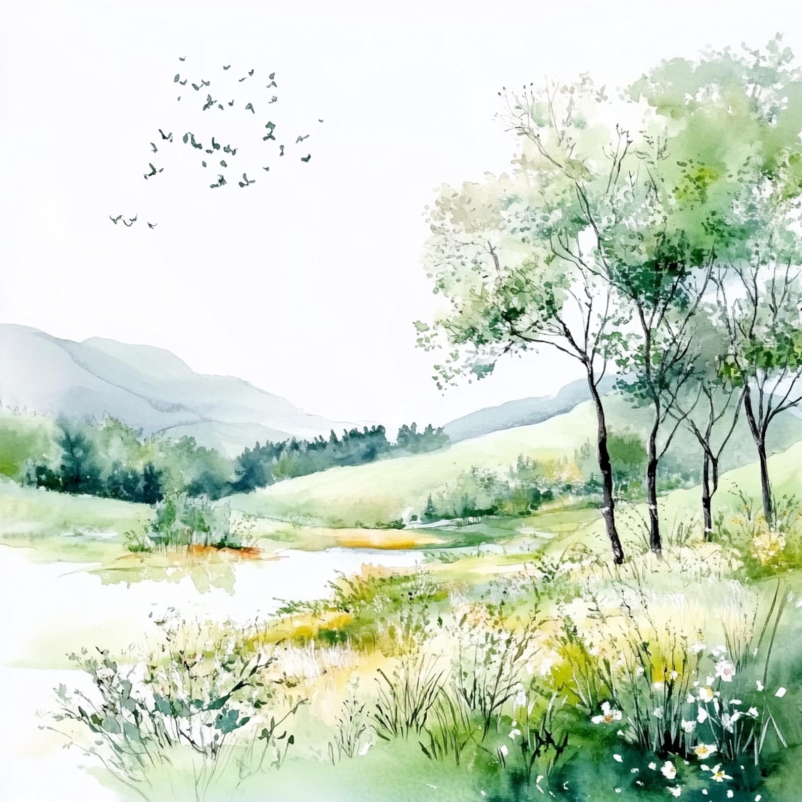 10 Printable Spring Landscape Art, Watercolor Landscape Art, River ...