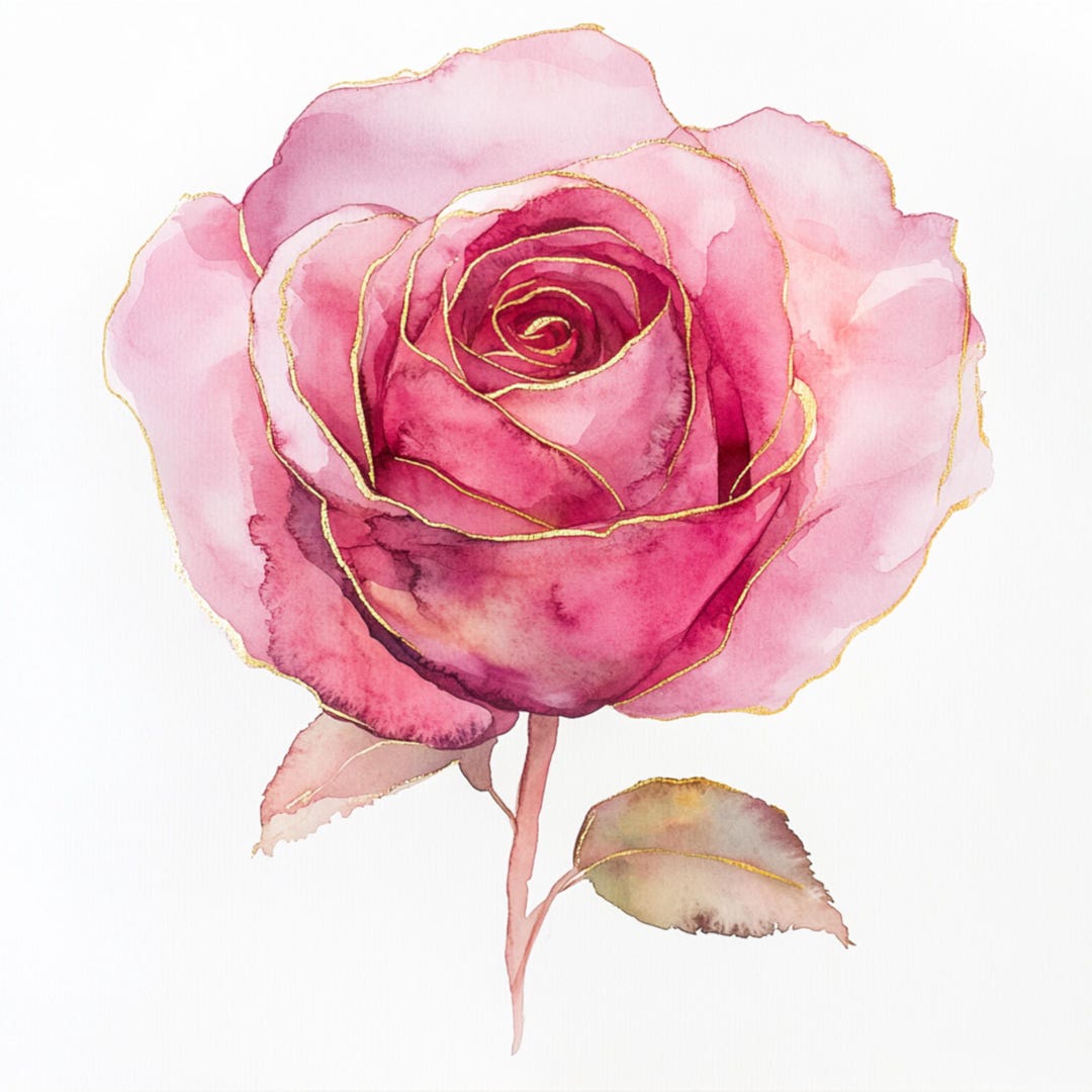 10 Printable Pink Rose, Pink Rose With Gold Line, Rose Gift Art ...