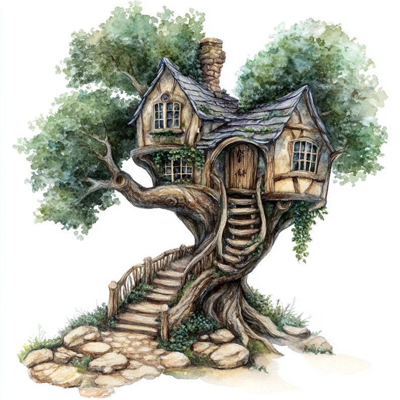 10 Printable Tree House, Fairy Tree House, Printable Watercolor Clipart ...