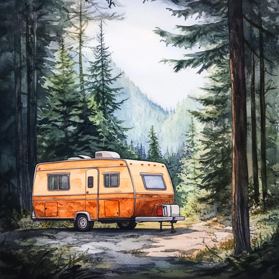 Printable Forest Camping, Watercolor Art, Mountain View Art, Camping ...