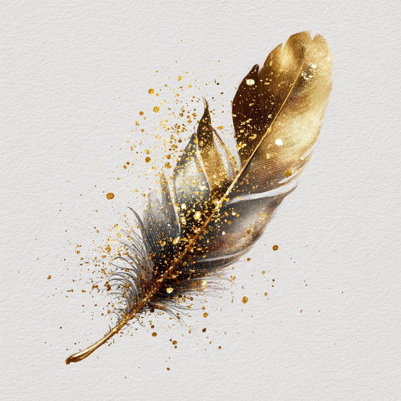 11 Printable Feather, Watercolor Gold Feather Jpgs, Glitter Gold ...