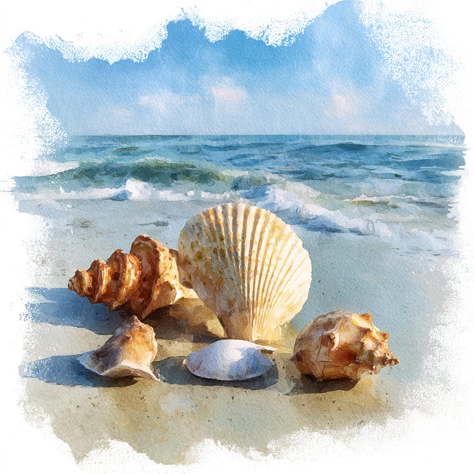 10 Printable Sea Shells and Waves Clipart, Seashell on Sand, Nautical ...