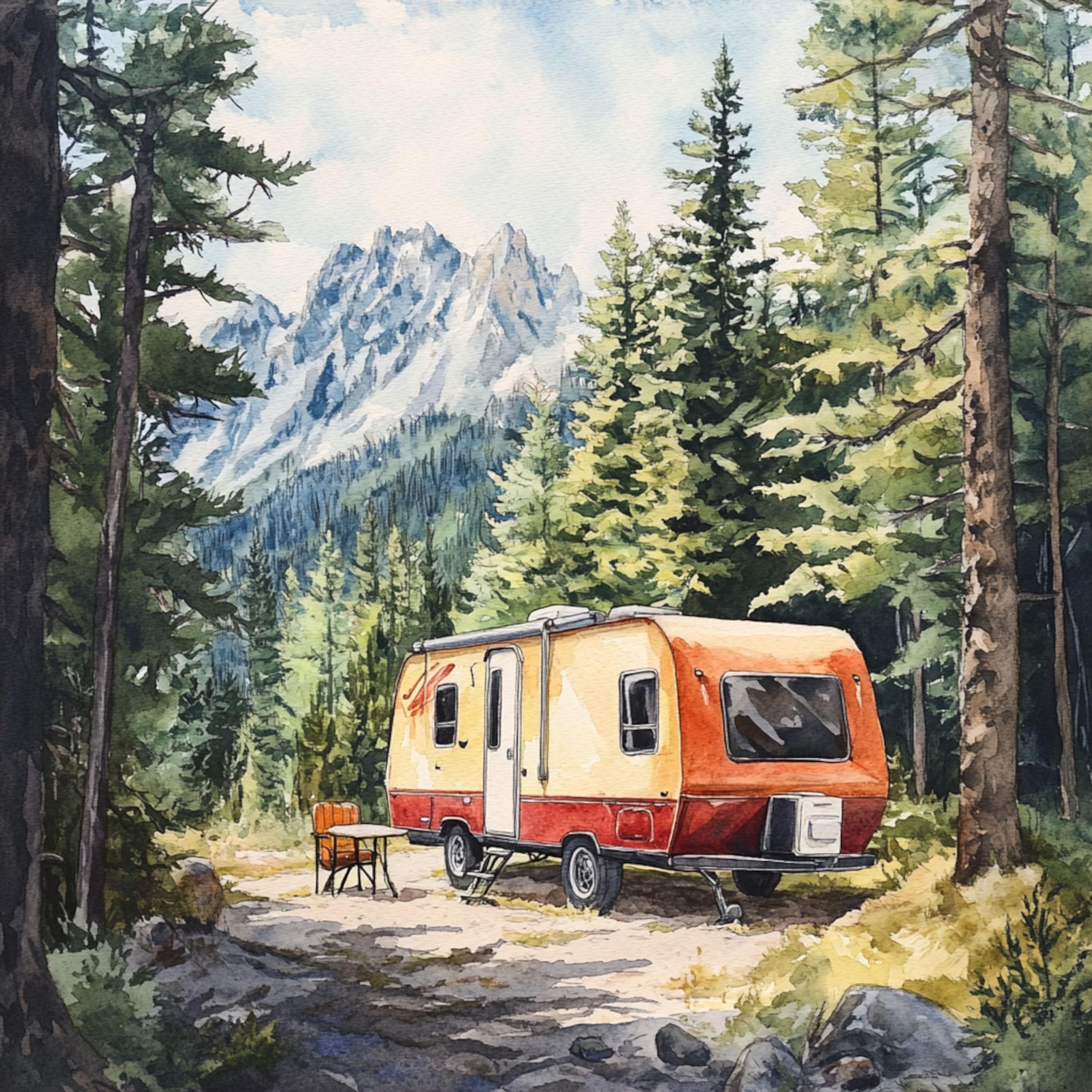 Printable Forest Camping, Watercolor Art, Mountain View Art, Camping ...