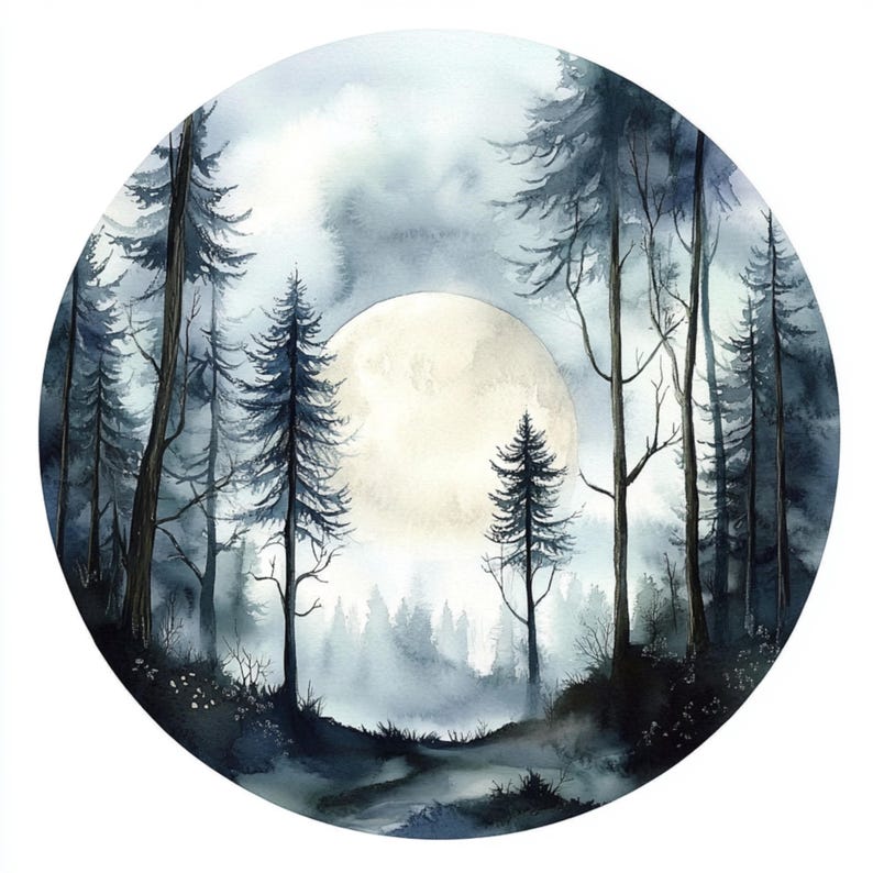 10 Printable Forest With Moon, Watercolor Art, Forest Landscape Clipart ...