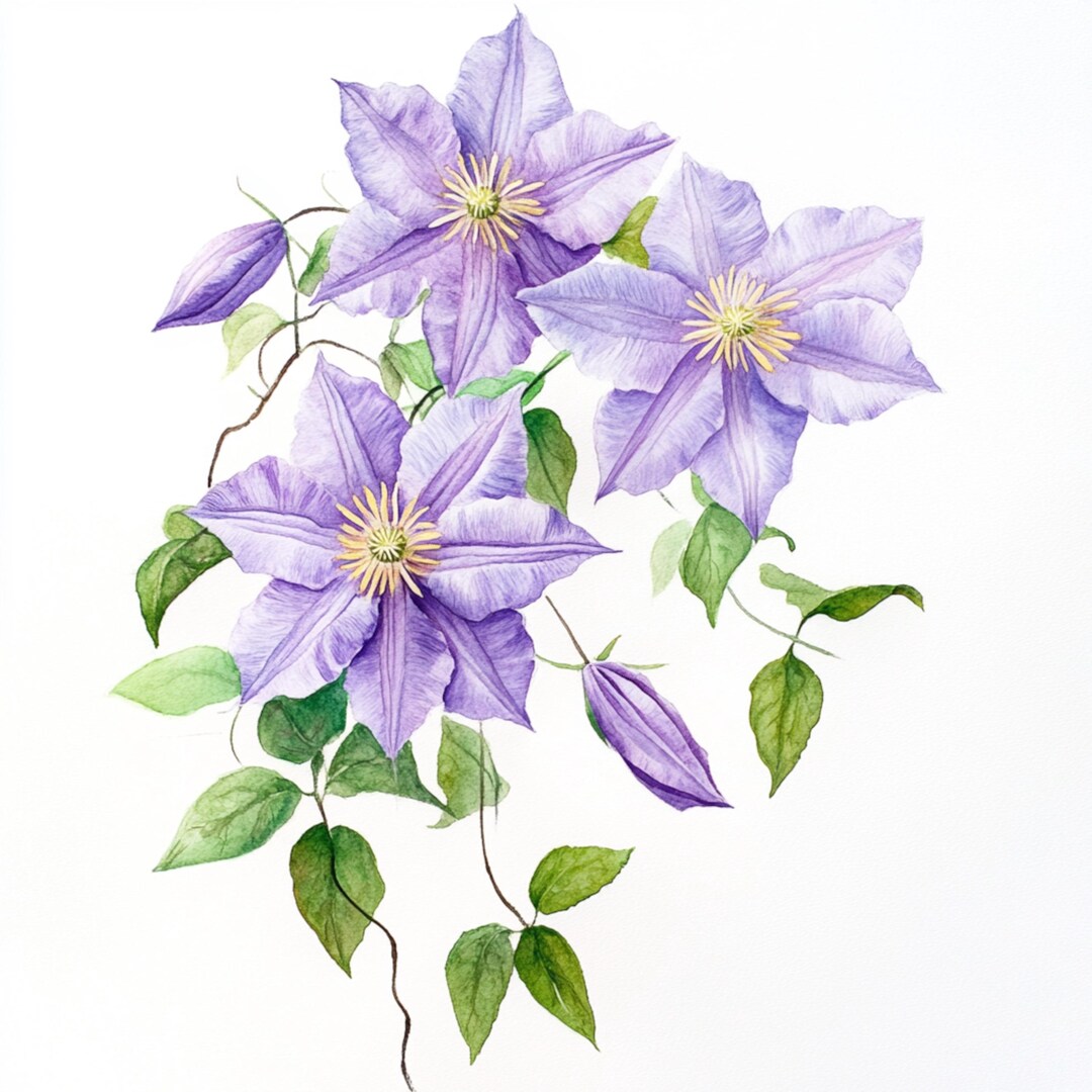 10 Printable Clematis Flowers Decor, Watercolor Flowers, Purple ...