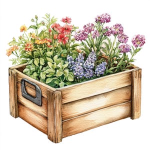 Printable Flowers in Wooden Box Art, Garden Wooden Box Watercolor ...