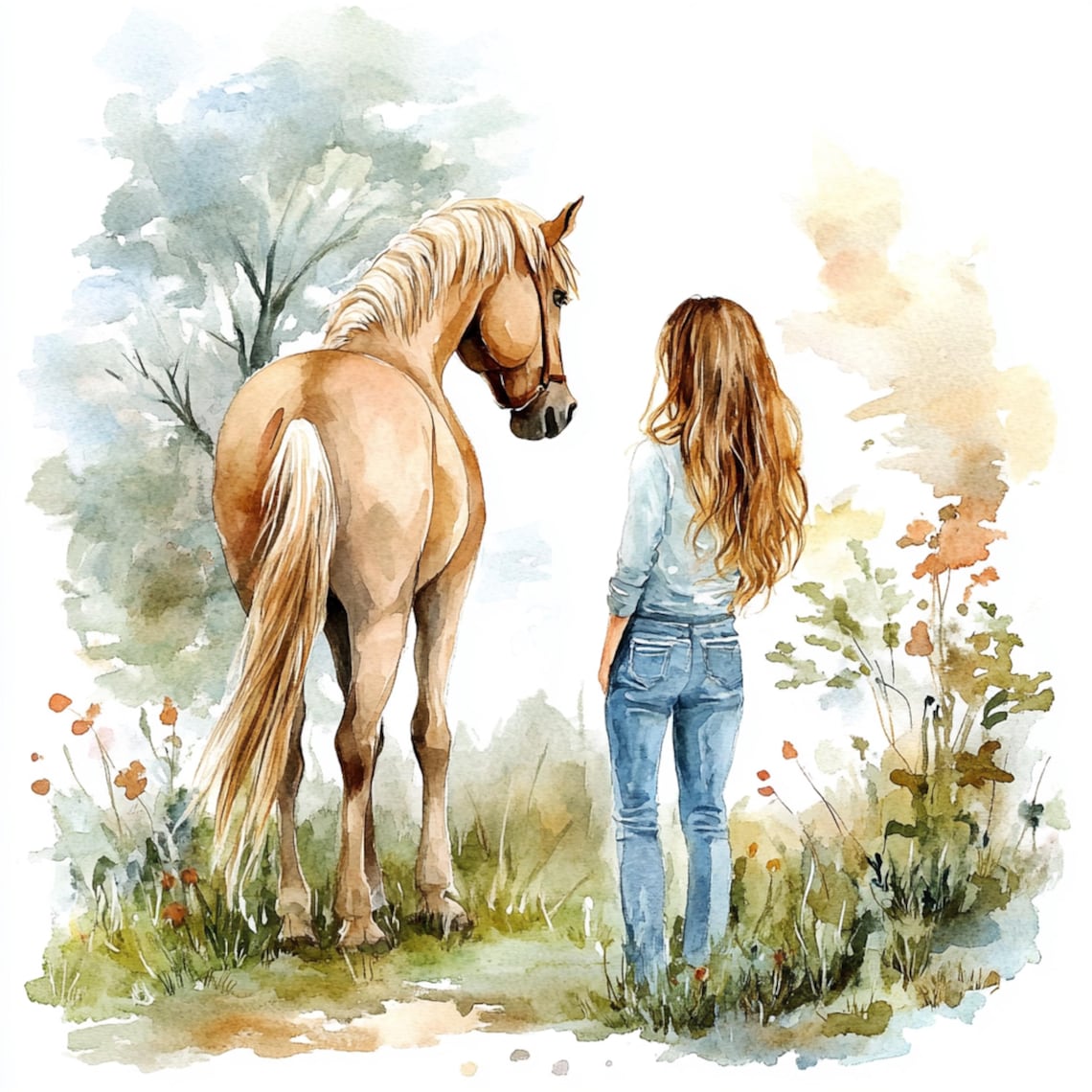 Printable Little Girl and Horse, Watercolor Girl and Ponny Art ...