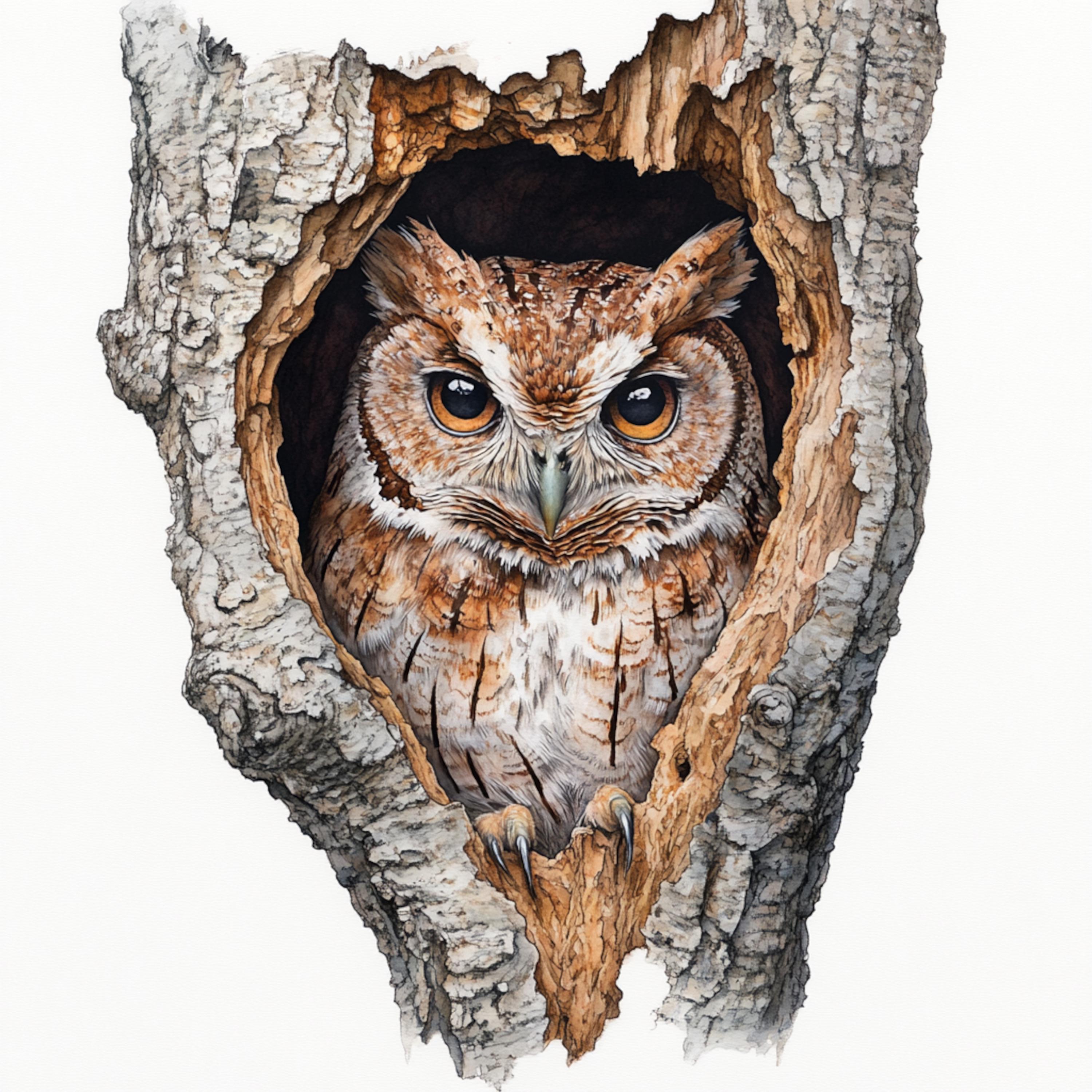 10 Printable Owl in Tree Cavity, Watercolor Owl in Hole, Reealisric Owl ...