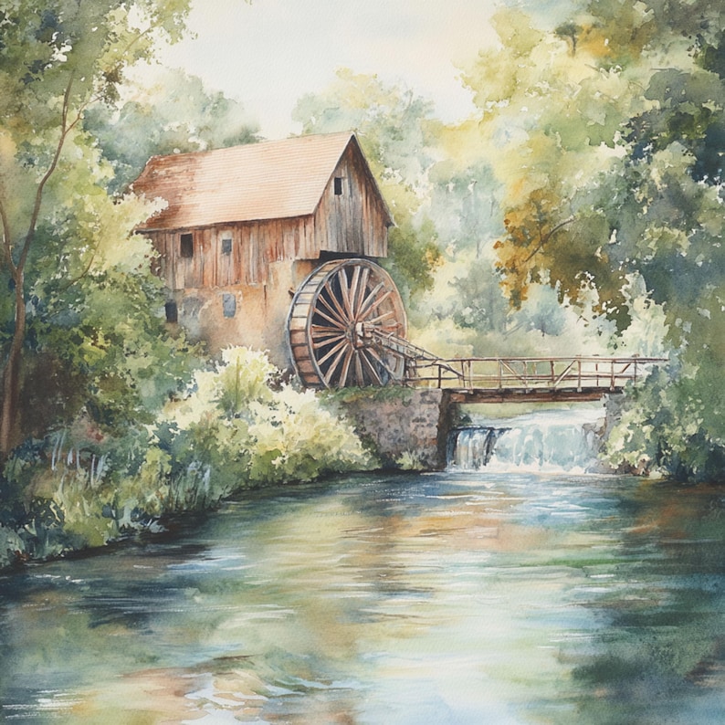 10 Printable Old Wooden Watermill, Watercolor Clipart, Watermill on ...