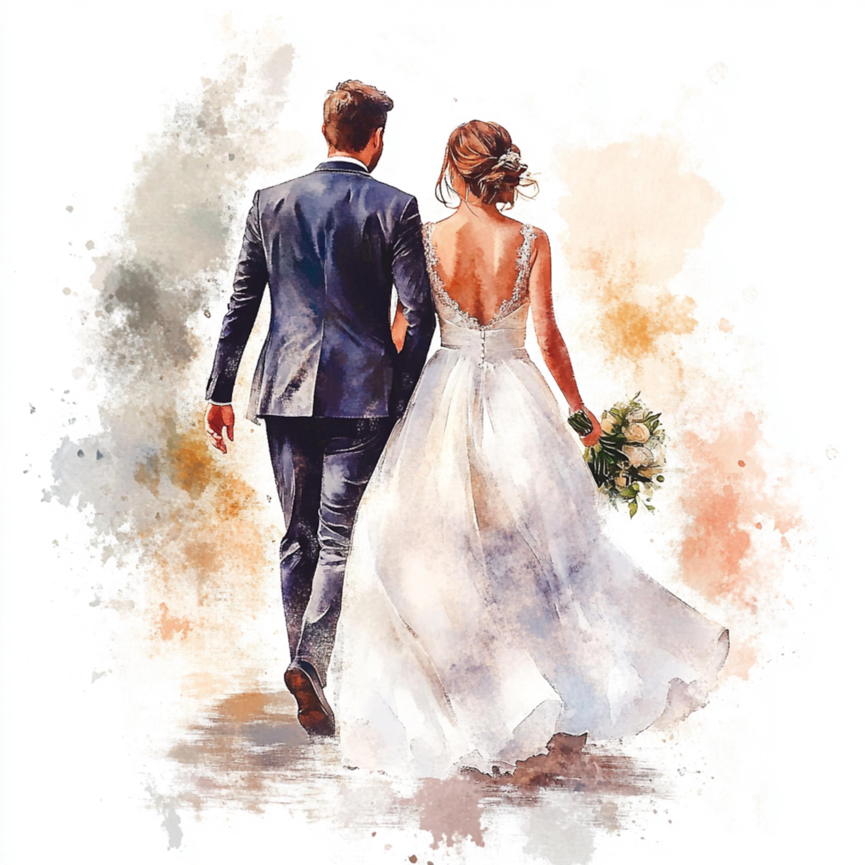 Printable Wedding Couple, Wedding Couple Walking, Watercolor Clipart ...