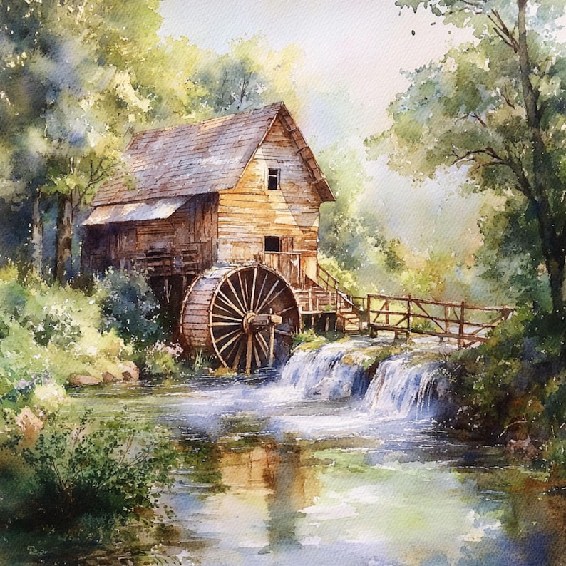10 Printable Old Wooden Watermill, Watercolor Clipart, Watermill on ...