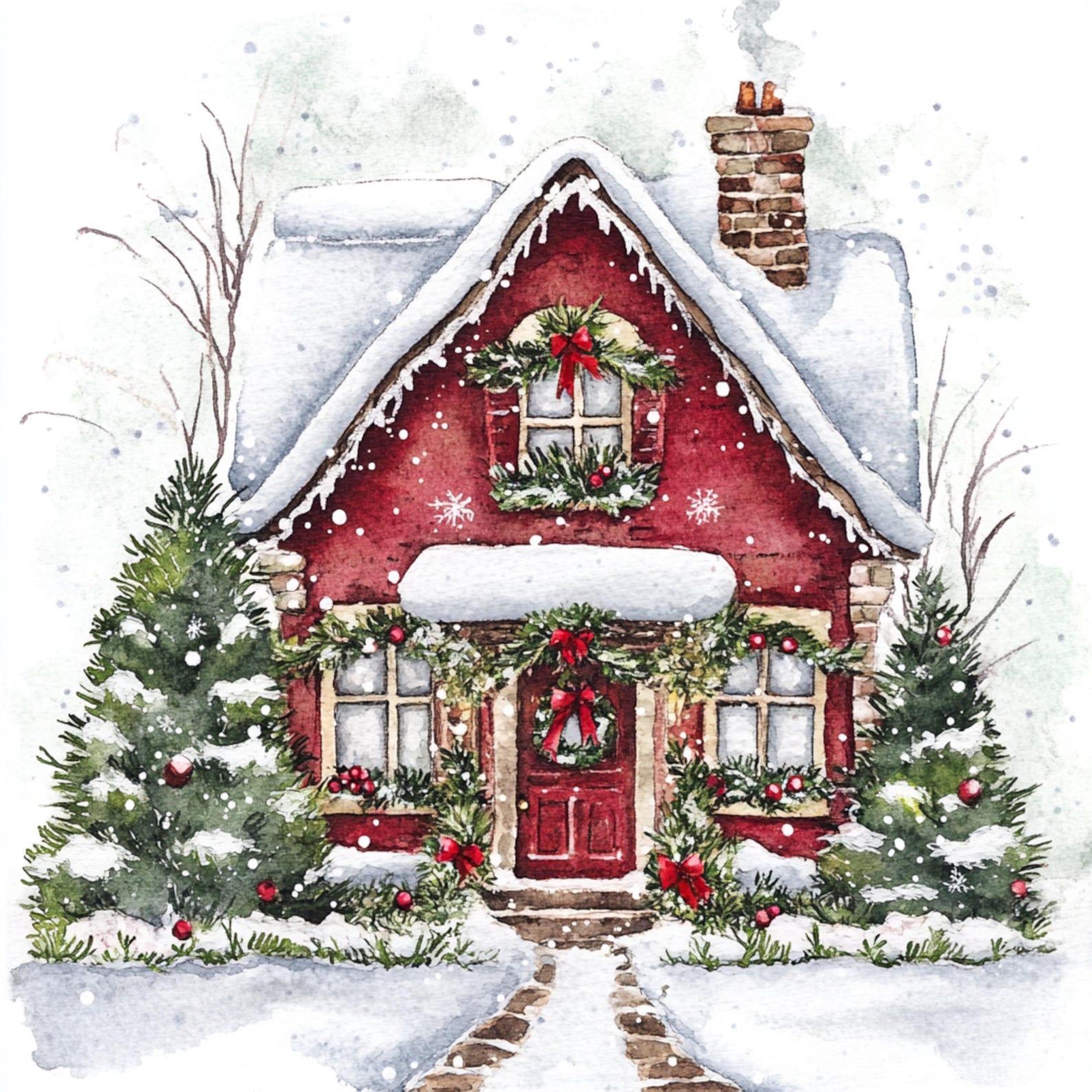 Christmas House Print, Christmas Card Art, House, Printable Watercolor ...