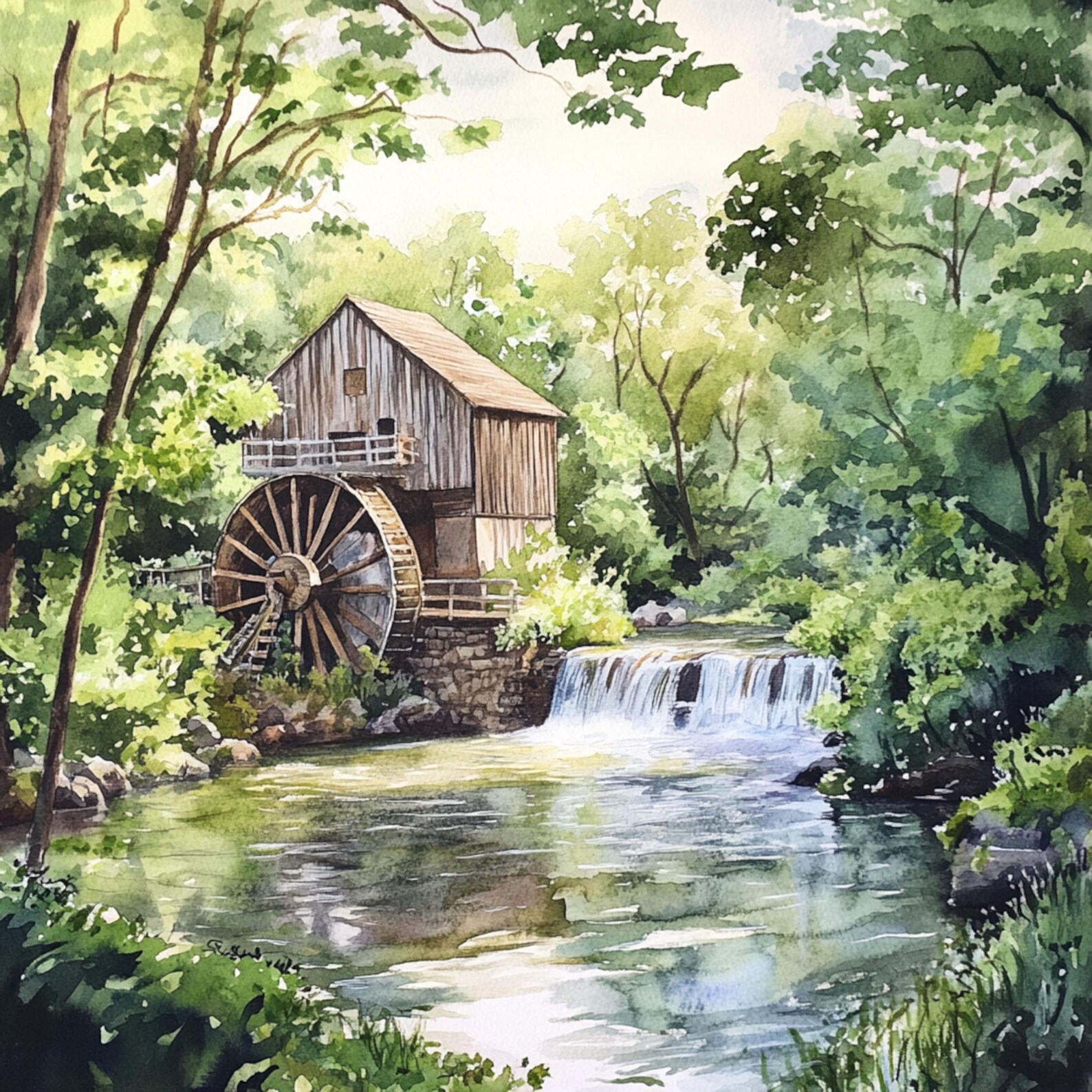 10 Printable Old Wooden Watermill, Watercolor Clipart, Watermill on ...