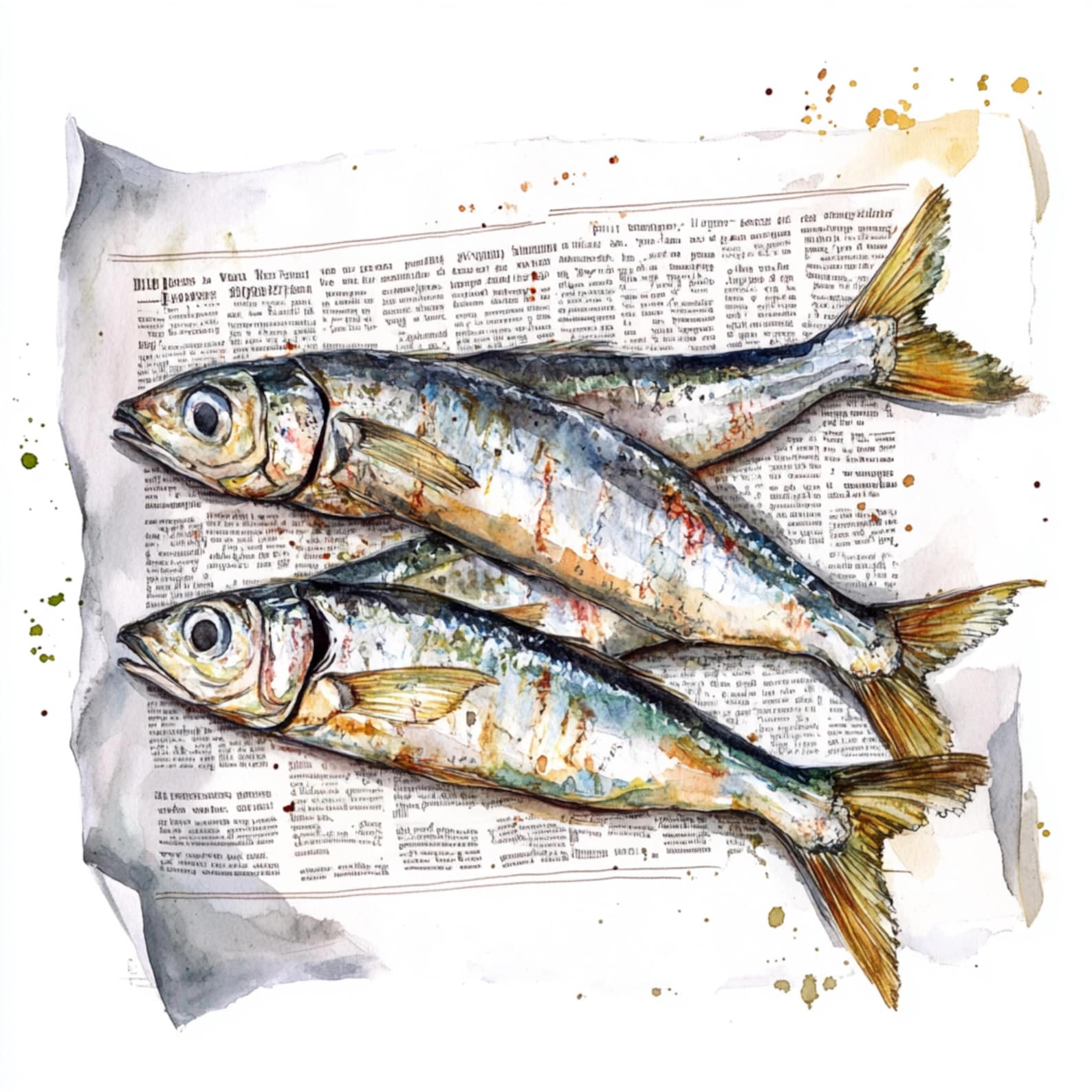 Printable Sardines Art, Watercolor Fish on Newspaper, Sea Food Decor ...