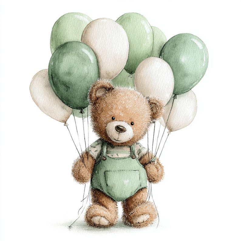 13 Printable Green Teddy Bear Clipart, Watercolor Balloons Bundle, Sage ...