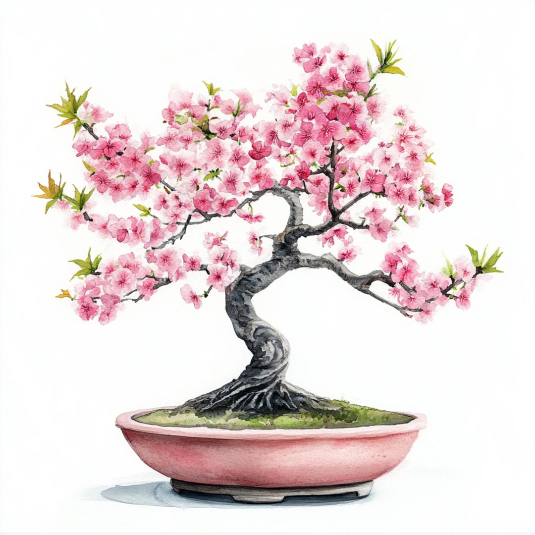 10 Printable Sakura Bonsai Tree, Watercolor Blossom Bonsai in Pot ...