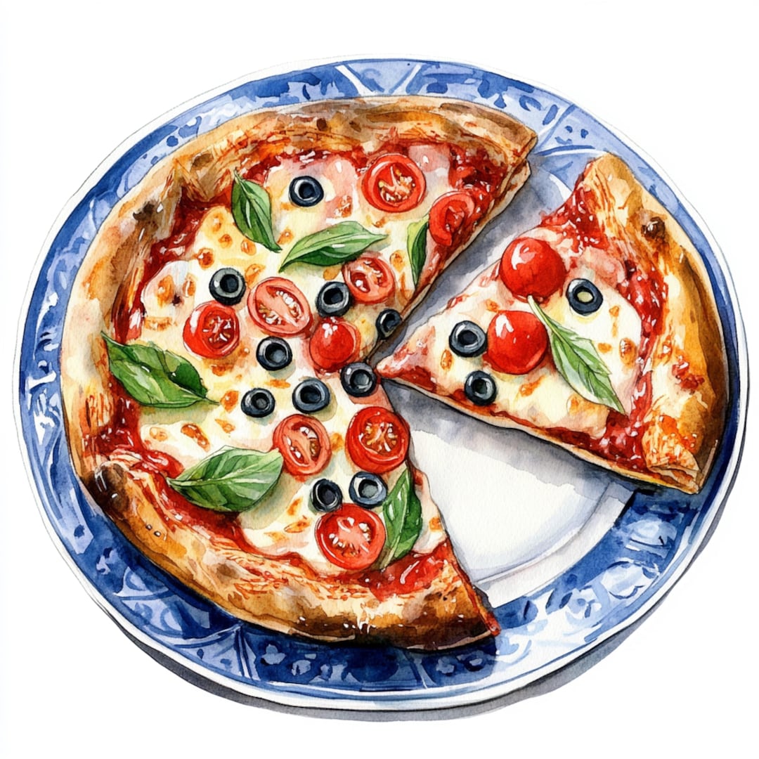 10 Printable Pizza Art, Watercolor Pizza Sliced, Pizza Minimalist Decor ...