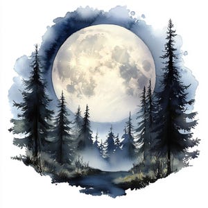 10 Printable Forest With Moon, Watercolor Art, Forest Landscape Clipart ...