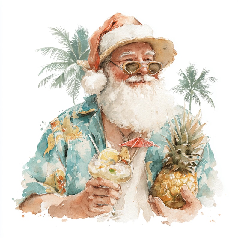 12 Printable Beachy Christmas, Watercolor Tropical Santa Claus, Coastal ...