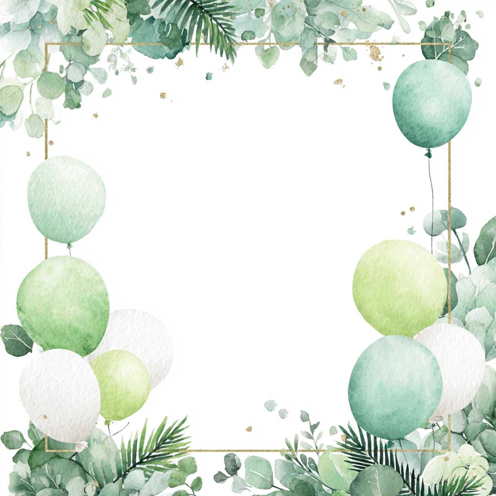 10 Printable Green White Balloons Frame, Watercolor Party Ballons ...