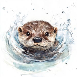 10 Printable Little Otter, Watercolor Swimming Otter, Cute Wild Animal ...