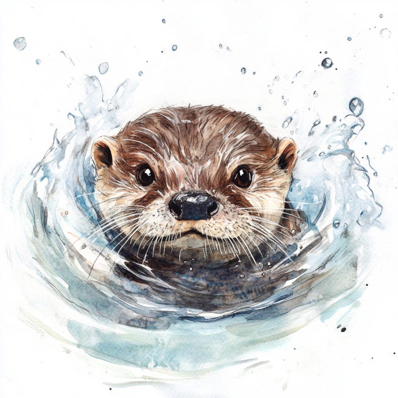 10 Printable Little Otter, Watercolor Swimming Otter, Cute Wild Animal ...