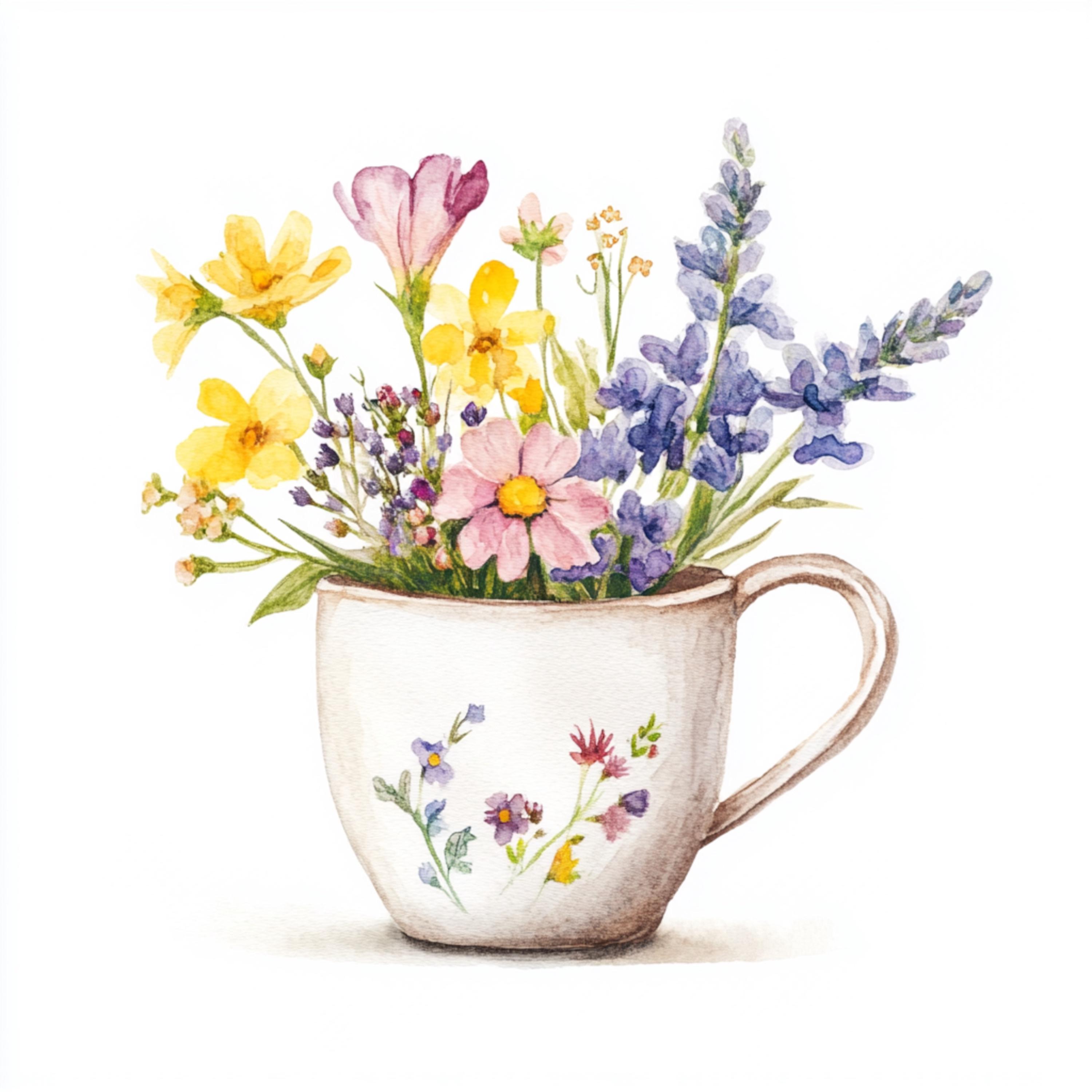 10 Printable Cup With Spring Flower, Watercolor Spring Bouquet, Spring ...