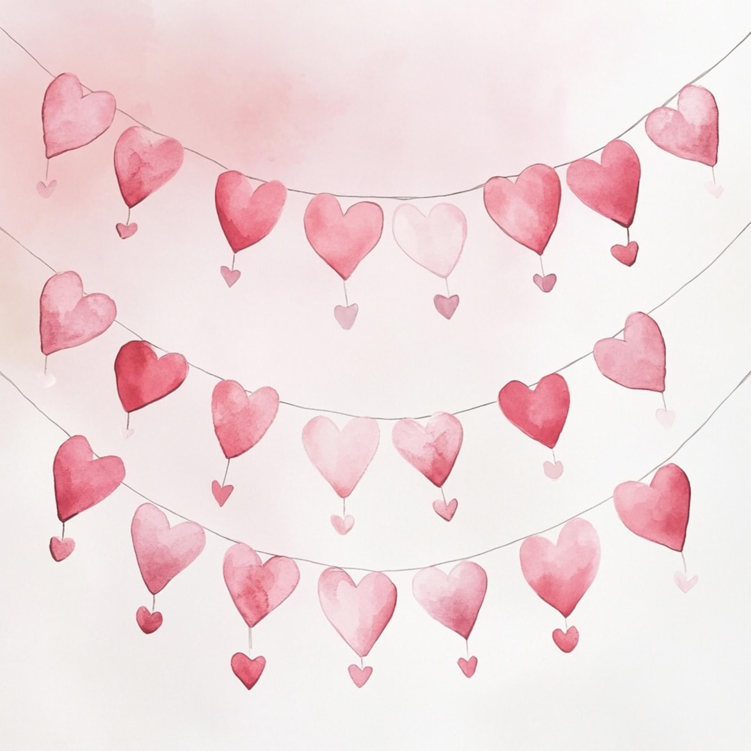 10 Printable Pink Heart Garlands, Watercolor Pink Garlands, Love Card ...