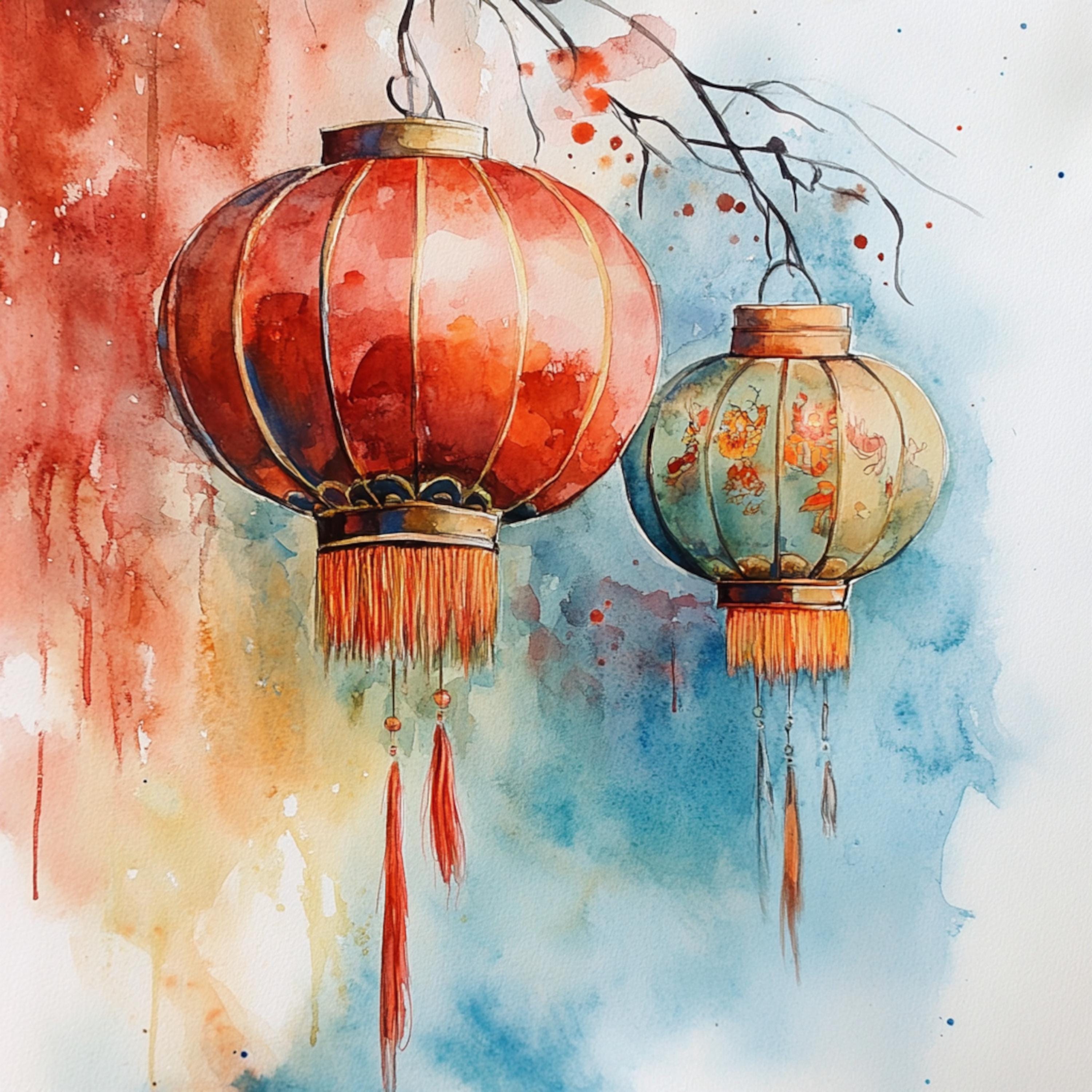Printable Chinese Lantern, Watercolor Chinese Lantern, Printable Jpgs ...