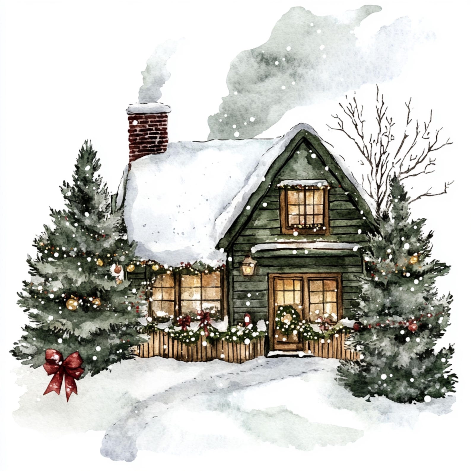 Christmas House Print, Christmas Card Art, House, Printable Watercolor ...