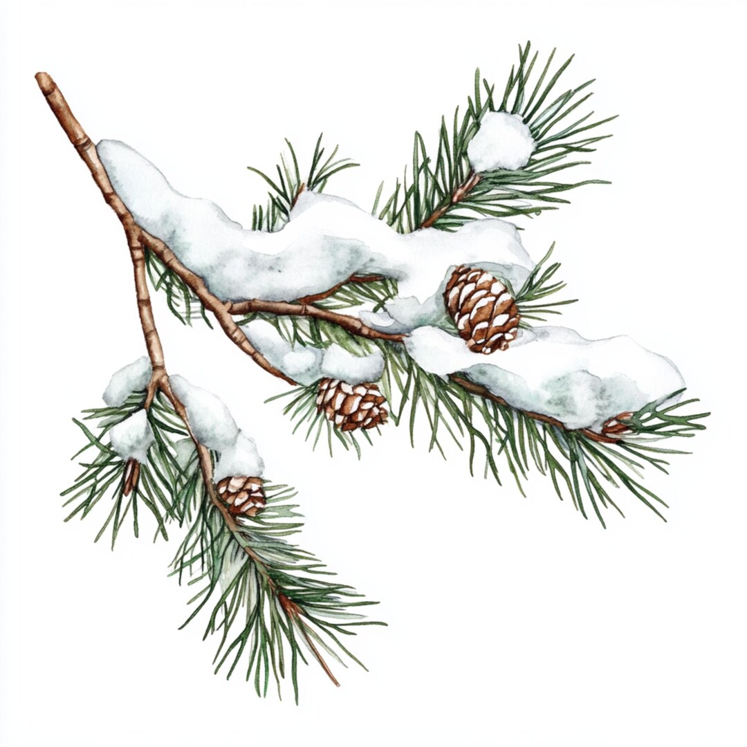 Snowy Pine Branch, Christmas Tree Branch, Watercolor Style, 10 Clip Art ...