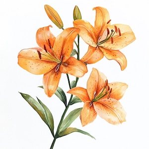 10 Printable Tiger Lily Flowers, Watercolor Lily, Botanical Lily Art ...