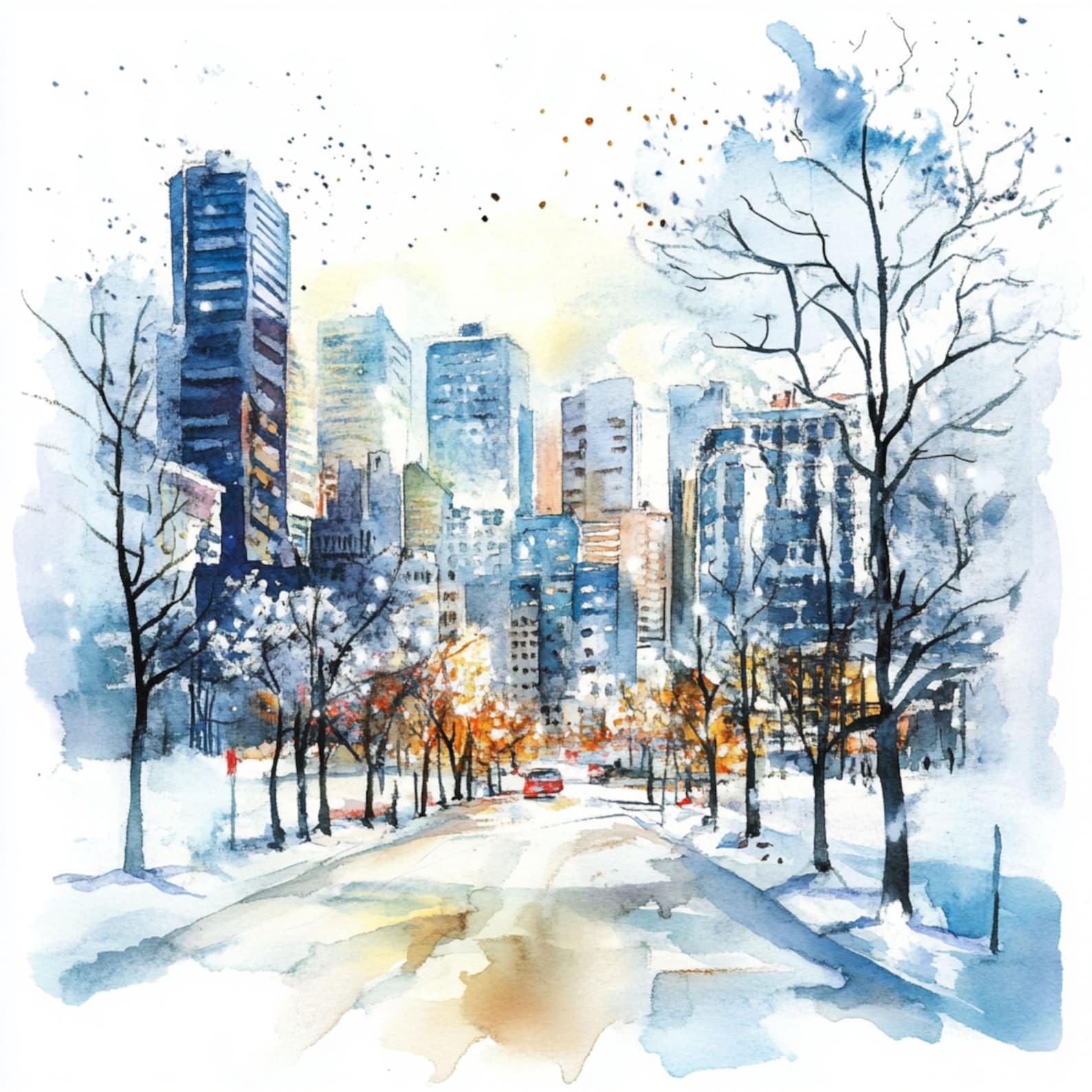 10 Winter Big City Landscape, Watercolor Art, Christmas Decor ...