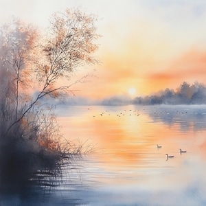 10 Printable Morning Lake Landscape, Sunrise Lake Watercolor Art ...
