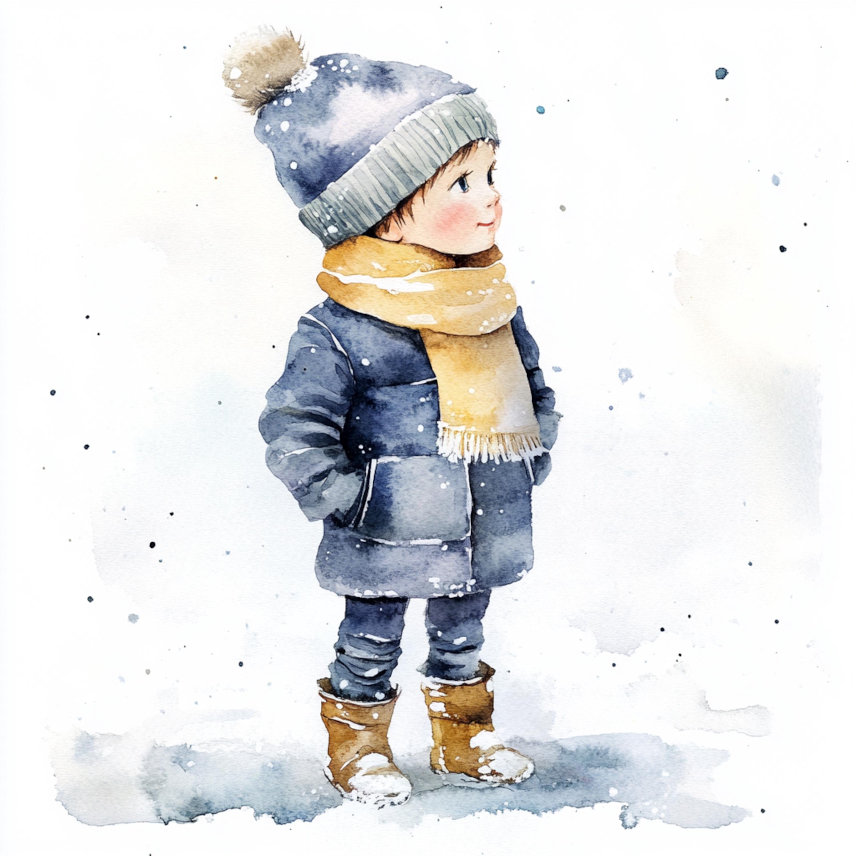 Printable Little Boy in Winter, Watercolor Boy Art, Watercolor Clip Art ...