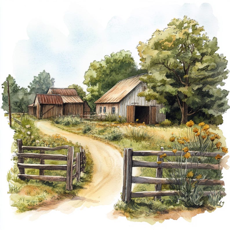 12 Printable Farmyard, Watercolor Farmyard Landscape, Watercolor ...