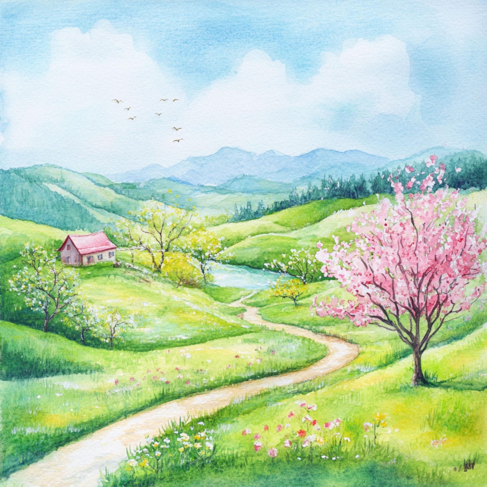 10 Printable Spring Landscape Art, Watercolor Landscape Art, River ...