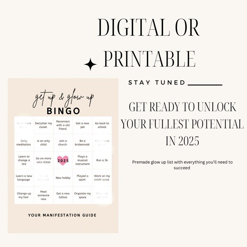 Glow-up Guide 2025 Bingo Card | Printable Self-care & New Year Goals ...