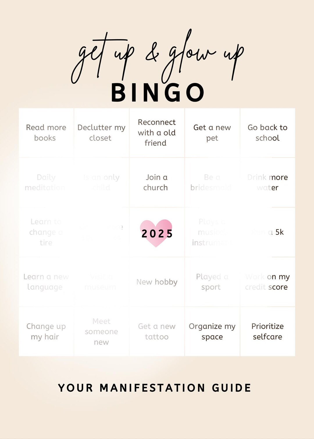 Glow-up Guide 2025 Bingo Card | Printable Self-care & New Year Goals ...