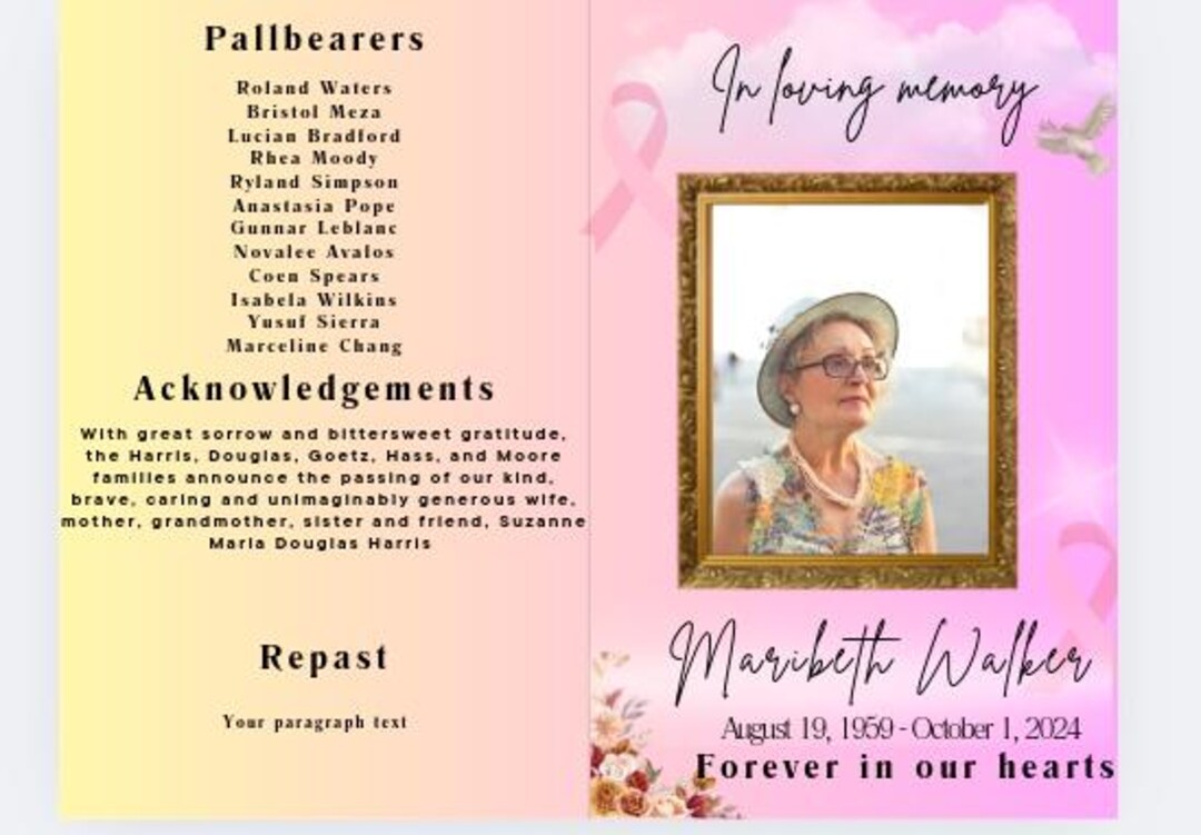 Elegant Breast Cancer Memorial Obituary Flyer | Customizable Funeral ...