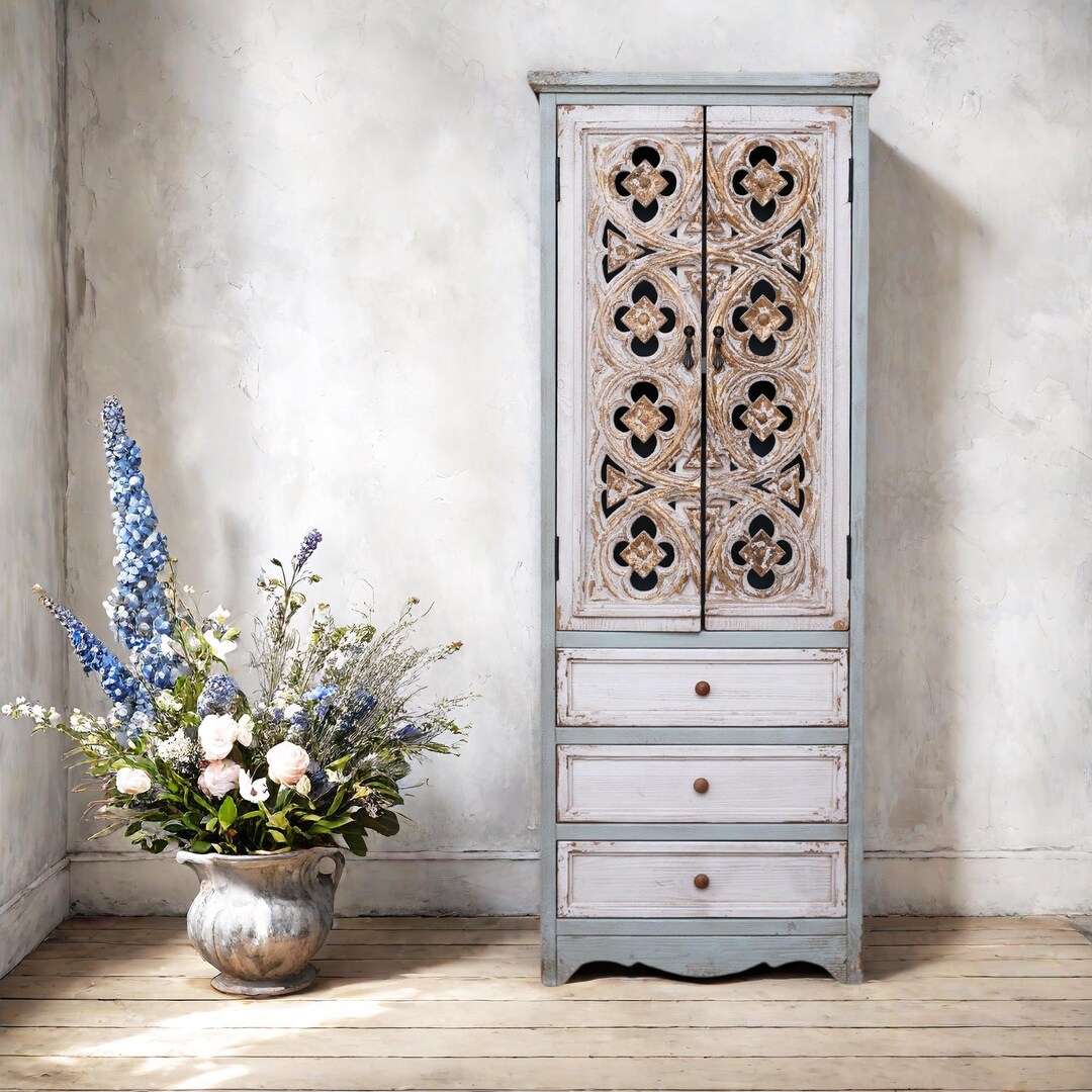 Tall Carved Wood Cabinet • Distressed Blue Cupboard With Drawers (63 ...
