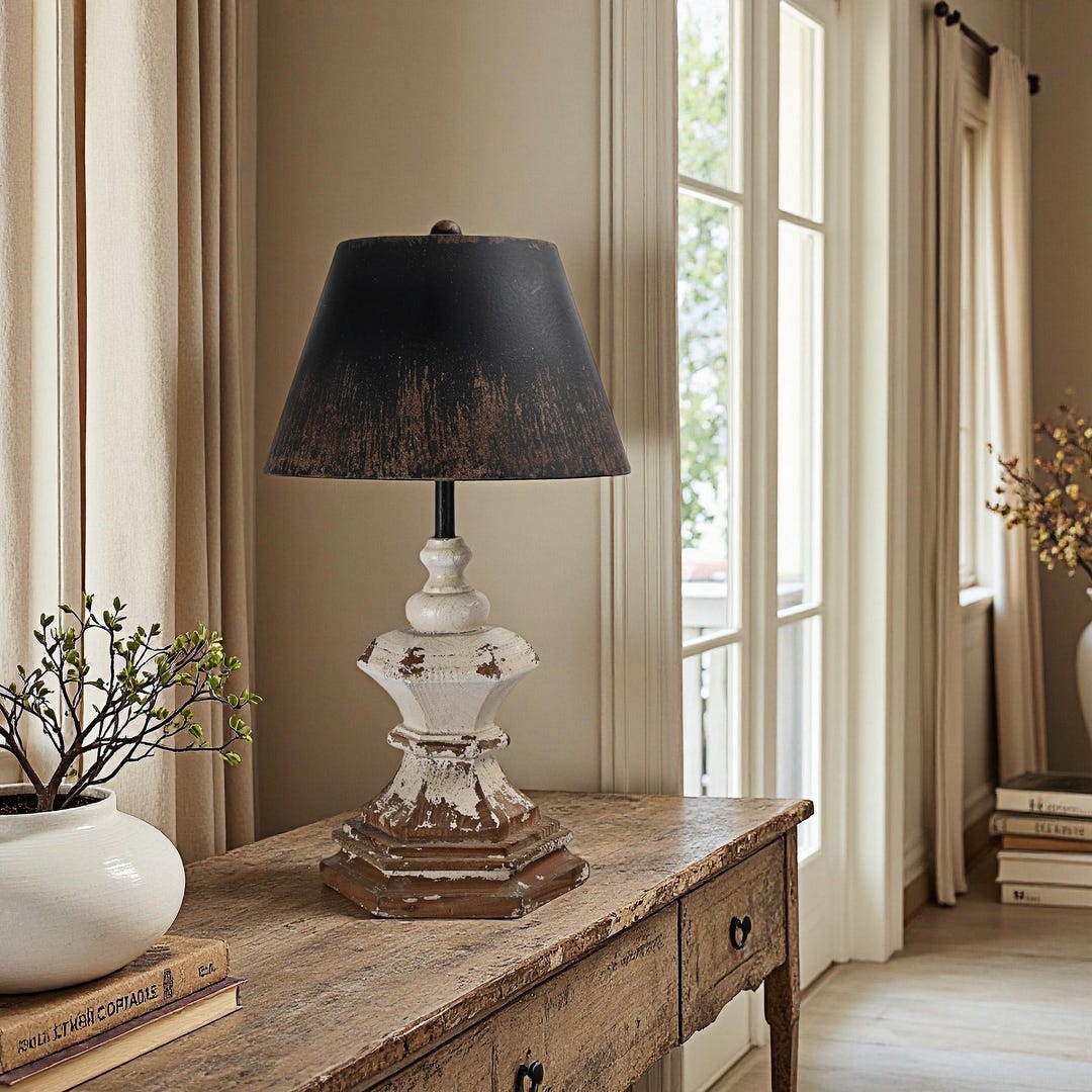 Rustic Black Table Lamp – Distressed Pedestal Base With Dark Tapered ...