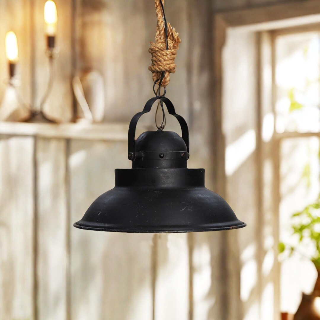 Vintage Farmhouse Pendant Light, Rustic Black Iron Lamp, Industrial ...