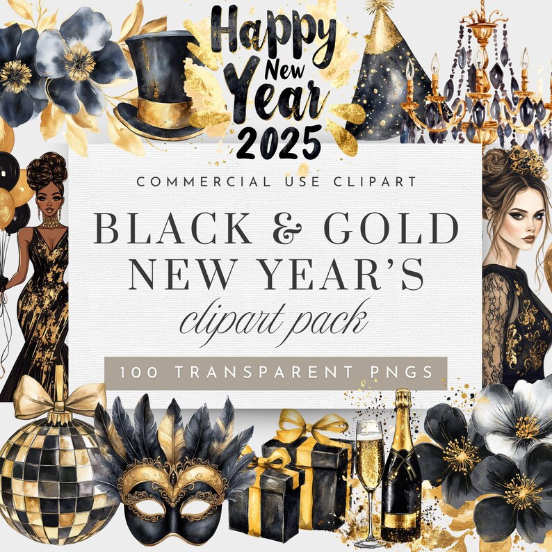Happy New Year Clipart Black and Gold 2025, New Year's Eve Party Clip ...
