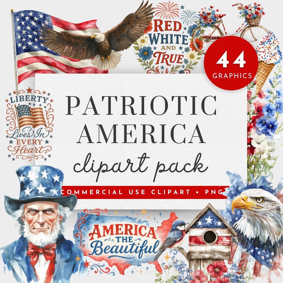 Patriotic America Clipart, Watercolor Fourth of July Clip Art ...