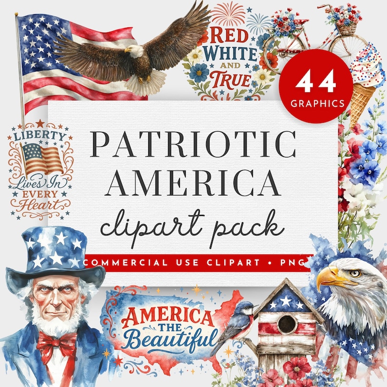 Patriotic America Clipart, Watercolor Fourth of July Clip Art ...